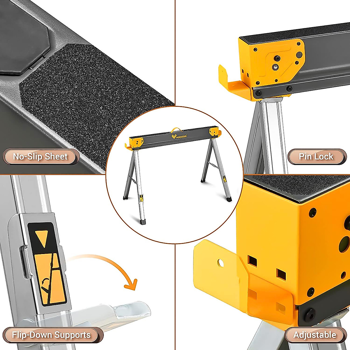 WORKESS Saw Horses 2 Pack Folding, Heavy Duty Sawhorse Table 2600 Lbs Load Capacity with 2x4 Support Legs, Portable Folding and Fast Open Legs and Easy Grip Handle for Woodworking.