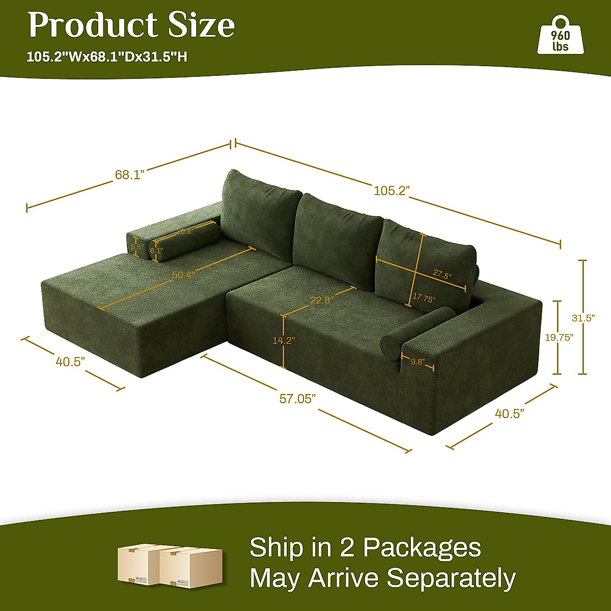 Nolohoo L-Shape Modular Sectional Sofa Couch, 105.2" Comfy Cloud Couch Deep Seat with Chaise Lounge, Modern Corner Sofa Upholstered Chenille 5 Seater Couches for Living Room, Green