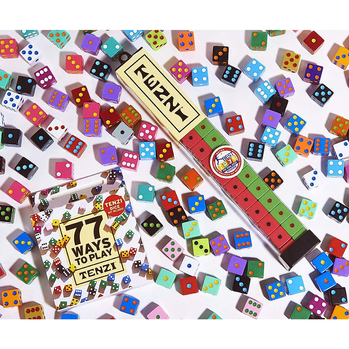 TENZI Dice Party Game Bundle with 77 Ways to Play A Fun, Fast Frenzy for The Whole Family - 4 Sets of 10 Colored Dice with Storage Tube - Colors May Vary