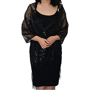 L'VOW Women's Glittering 1920s Scarf Mesh Sequin Wedding Cape Fringed Evening Shawl Wraps(Black)