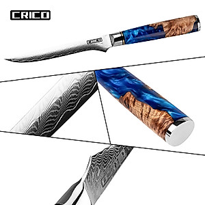CRICO Boning Knife 5.5 inch Flexible Fillet Knives, VG10 Damascus Super Steel Forged 67-Layers, Full Tang Wood&Resin Handle, Gift Box - Flow Series