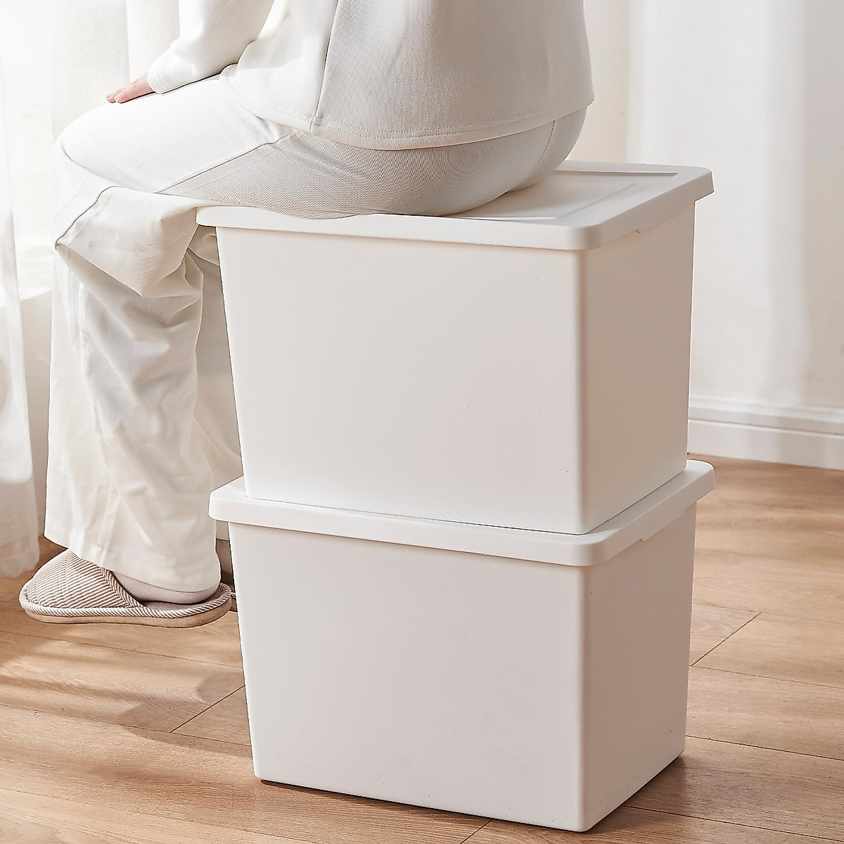 Yishyfier White Storage Bins with lids,Stackable Plastic Boxes Set of 4,Storage Box with handle for Organizing Snacks, Crafts,Crafts, Tools,books(white, 4XL)