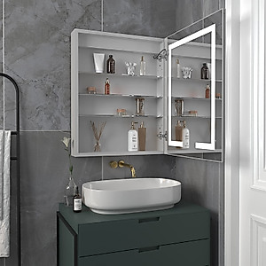 ES-DIY Lighted Medicine Cabinet with Mirror 24 x 30 Inch, Recessed or Surface Mount led Medicine Cabinet, 2 Outlets, Defog, Stepless Dimming,Medicine Cabinet Color Temper 3000K-6400K,Right Hinge