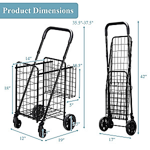 IRONMAX Grocery Shopping Cart, Foldable Heavy Duty Utility Cart w/Adjustable Handle, Extra Basket & 360° Rolling Swivel Wheels, Lightweight Trolley Cart for Grocery Laundry Luggage (Black)