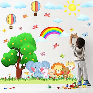 KOKOLAP 3 Sheet Big Tree Animal Wall Stickers,Forest Animal Wall Decal Baby Room Decor,Nursery Wall Decor Sun Wall Stickers Peel and Stick,Elephant Bear Wall Sticker Kids Room Bedroom Classroom Decor