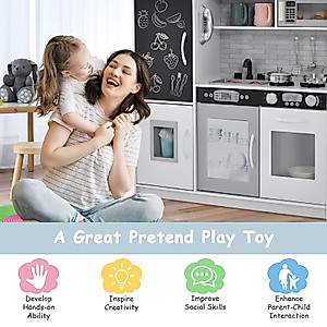 MAT EXPERT Kids Kitchen Playset, Wooden Chef Pretend Toy Kitchen w/Chalkboard, Ice Maker, Cookware Accessories, Telephone, Oven, Microwave, Play Kitchen for Toddlers, Gift for Boys Girls 3+ (White)