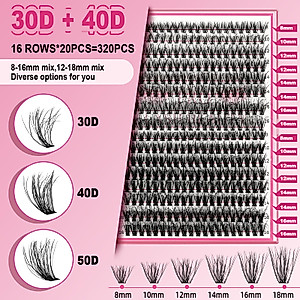 Lash CIusters 320Pcs Individual Lashes 3D Fluffy Cluster Lashes Natural Look Eyelash Clusters Faux Mink Wispy Lashes 30D+40D-D Mixed DIY Lash Extension (3D Fluffy-30D+40D-D,8-16mix)