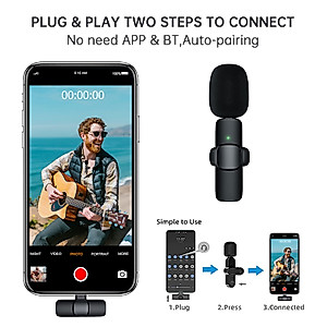 NUNUWE Wireless Lavalier Microphone for iPhone iPad, Mini Lapel Wireless Microphone for Video Recording, TikTok Facebook Live Steam, Youtubers, Vloggers, Interview, Clip-on Plug & Play (Black)