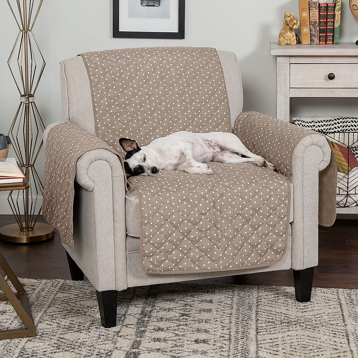 Furhaven Water-Resistant & Reversible Chair Cover Protector for Dogs, Cats, & Children - Quilted Polka Paw Living Room Furniture Cover - Biscuit, Chair