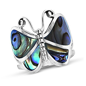 AeraVida Captivating Butterfly Motif Rainbow Abalone Statement .925 Sterling Silver Ring | Cute Wedding Rings For Women | Casual Comfort Fit Silver Rings for Women | Gift for Daughter | Ring Size (14)