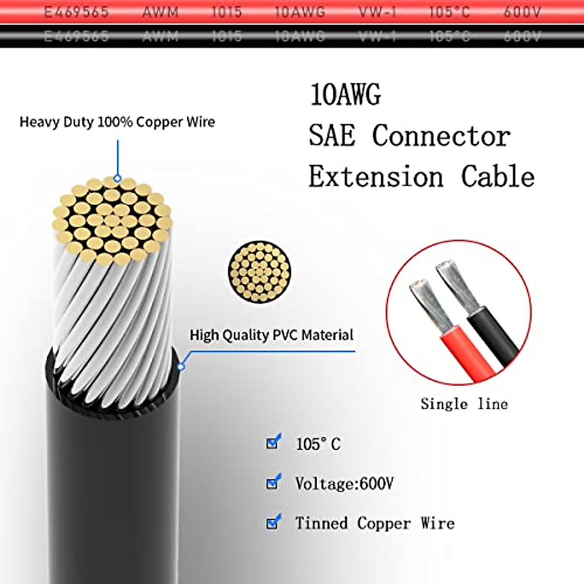 ELFCULB SAE Connector Cable,10AWG 1FT 2 Pin SAE Quick Connector Disconnect Plug for Solar Panel Car Motorcycle(2 Pack)