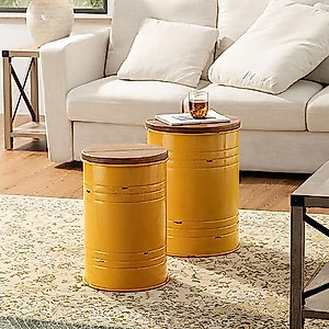 glitzhome Rustic Storage Ottoman Seat Stool, Farmhouse Nesting Table, Galvanized Barrel Metal Accent End Side Table Toy Box Bin with Round Wood Lid Set of 2 for Living Room Furniture, Yellow