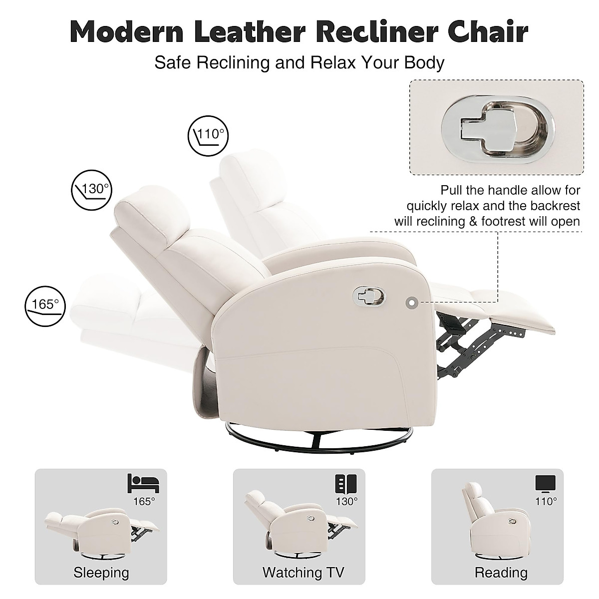 HOMYKA Swivel Rocker Recliner, Manual Glider Rocking Recliner Chair, Leather Swivel Reclining Lounge Chair Nursery Glider Recliners for Small Spaces, Living Room, Beige