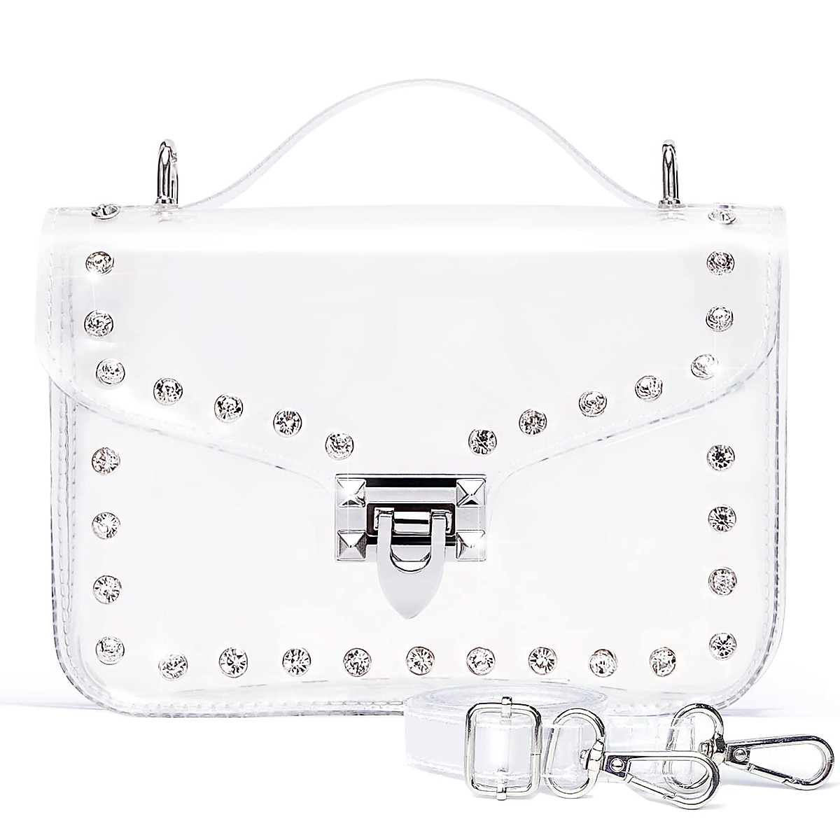 OllarKt Clear Purses For Women, Small Clear Clutch Purse Clear Crossbody Bag Stadium Approved Silver Rhinestone Embellished Evening Bag, Gift for Women