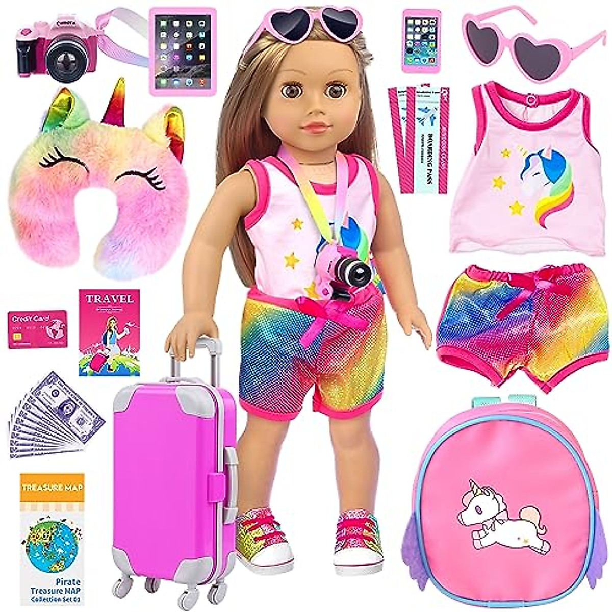 ZITA ELEMENT 24 Pcs 18 Inch Girl Doll Accessories Suitcase Luggage Travel Set Including 18 Inch Doll Clothes Luggage Pillow Blindfold Sunglasses Camera Computer Cell Phone Ipad and Other Stuff