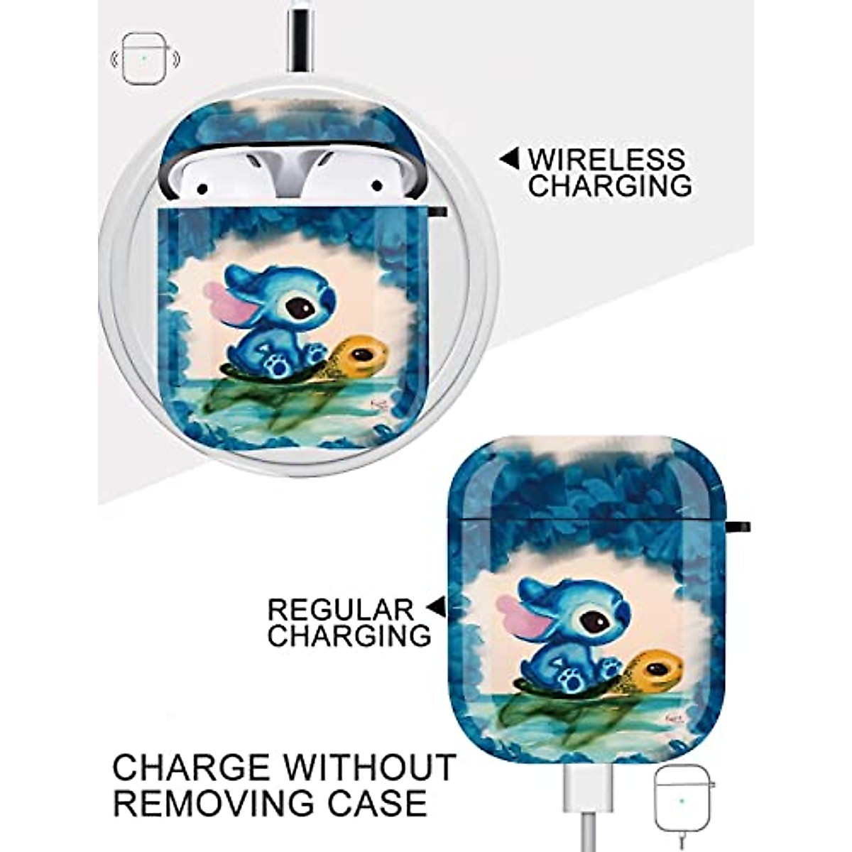 Tortoise Airpods Case, Wonjury Airpod Case Protective Hard Case Cover Portable & Shockproof Women Girls with Keychain for Apple Airpods 2/1 Charging Case (Stitch/Turtle)