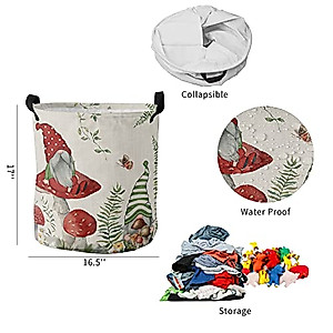 Mushroom Eucalyptus Large Laundry Basket, Collapsible Bag with Easy Carry Handles, Boho Plant Leaves Buffter-fly Waterproof Foldable Freestanding Hamper, Folding Washing Bin Clothes Storage Round