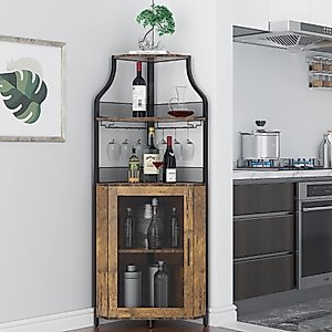 GAOMON Wine Corner Cabinet with Removable Wine Rack, Wine Cabinet and Wine Glass Bar Cabinet with Glass Rack and Mesh Door, Wine Cabinet with Reasonable Functional Partitioning (Retro Brown)