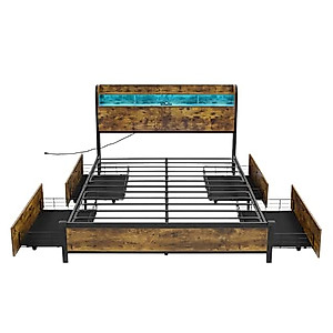 Alohappy Queen Bed Frame with LED Lights and Charging Station, Metal Platform Bed Frame with 2 -Tier Storage Headboard and Drawers, No Box Spring Needed, Easy Assembly, Noise Free