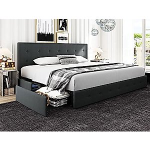 HOOMIC King Size Platform Bed Frame with 4 Storage Drawers, Adjustable Headboard, Square Stitched Button Tufted Design with Wooden Slats, No Box Spring Needed, Dark Grey