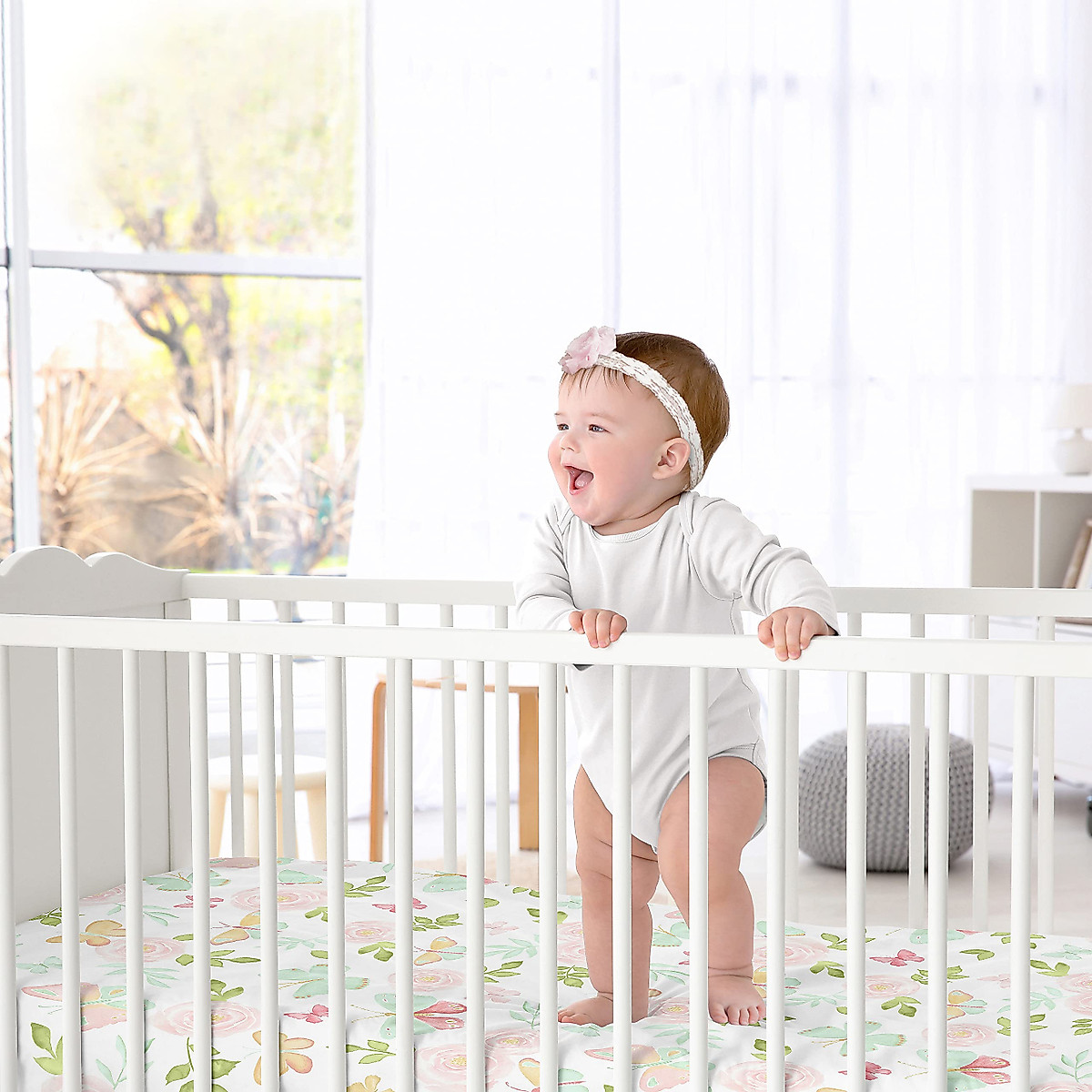 Sweet Jojo Designs Blush Pink, Mint and White Watercolor Rose Baby or Toddler Fitted Crib Sheet for Butterfly Floral Collection