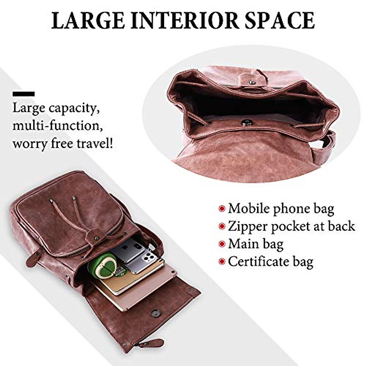 ROOSALANCE Women Backpack Waterproof Anti-theft PU Leather Nylon Shoulder Bag Travel Backpack Ladies (Dark Pink)