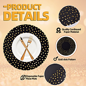 50 Pcs 14 Inch Black and Gold Foil Paper Place Mats Golden Polka Dots Round Placemats Disposable Decorative Table Mats for Wedding Banquet Party Home Dining Table Decor
