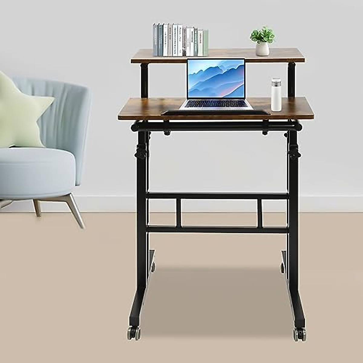 LOHISHILO Mobile Stand Up Desk Adjustable Laptop Desk with Wheels Storage Rolling Table Cart for Standing or Sitting, for Home Office Workstation, Iron-Brown, 27.5-45.3in