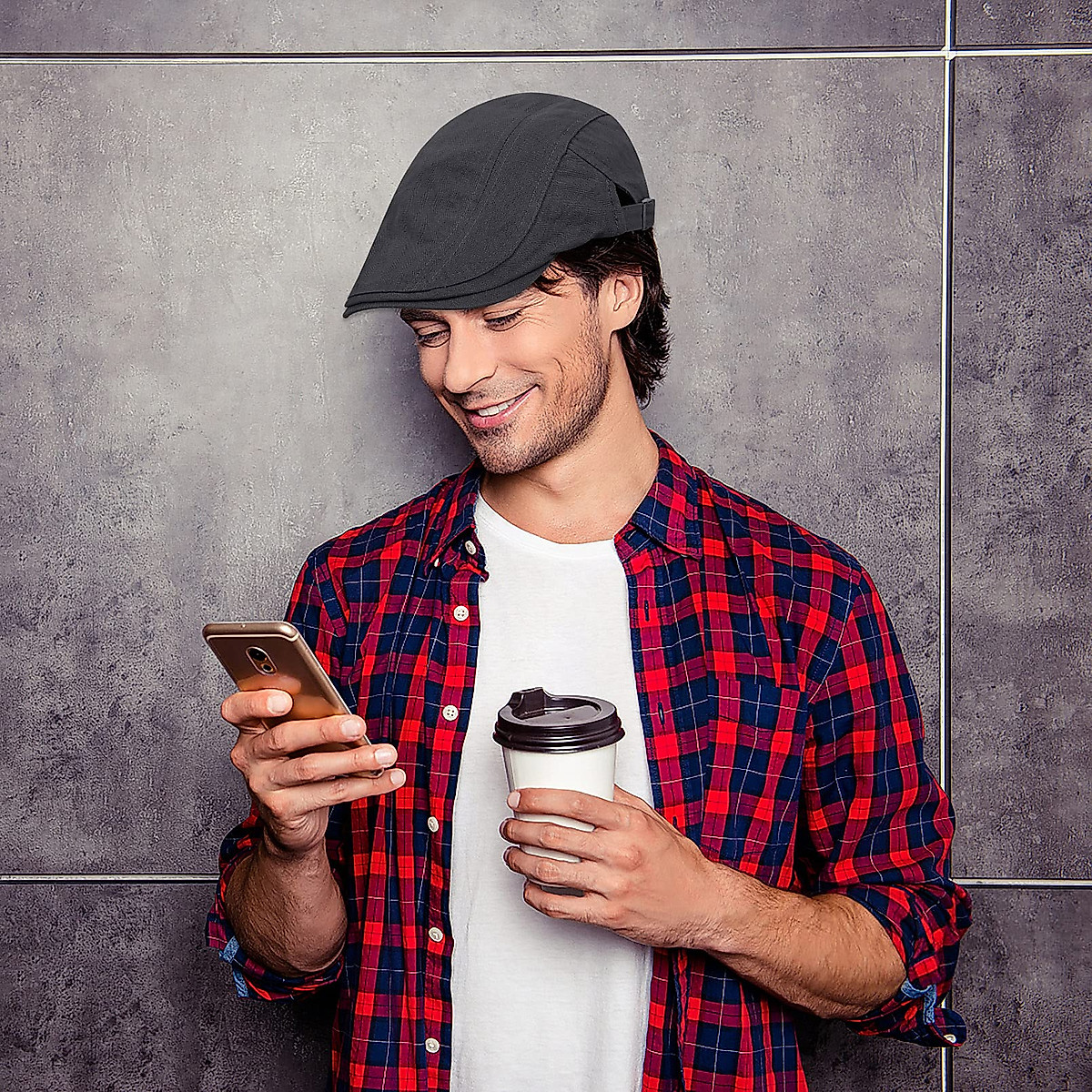 Qossi 2 Pack Newsboy Hats for Men Flat Cap Cotton Adjustable Breathable Irish Cabbie Ivy Driving Hunting Hat, Grey/Khaki