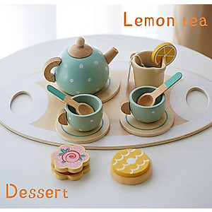 Wooden Tea Party Set for Little Girls Toys, Pretend Play Kids Tea Set for Toddlers Wood Toys, Wooden Play Food Kitchen Accessories Sets for Kid