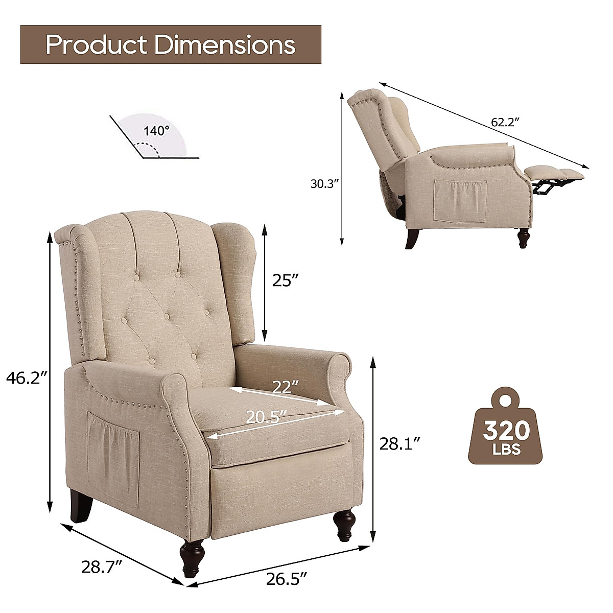 Consofa Wingback Recliner Chair with Massage and Heat Tufted Fabric Push Back Arm Chair for Living Room Vintage Recliner Chair with Remote Control, Padded Cushion, Backrest, Wooden Legs