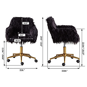 Goujxcy Fluffy Desk Chair, Faux Fur Swivel Home Office Chair Height Adjustable Vanity Accent Chair for Girls Women, Modern Cute Furry Makeup Chairs for Bedroom Living Room, Black