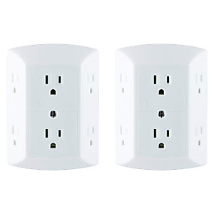 GE 6-Outlet Extender, 2 Pack, Grounded Wall Tap, Adapter Spaced Outlets, 3-Prong, Multiple Plug, Quick and Easy Install, Cruise Essentials, UL Listed, White, 40222