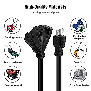 10FT 12/3 Outdoor Extension Cord, Heavy Duty 3-Outlet SJTW Indoor/Outdoor Three-Prong Power-Cord 12-Gauge Grounded 15-Amp 1875 Watts