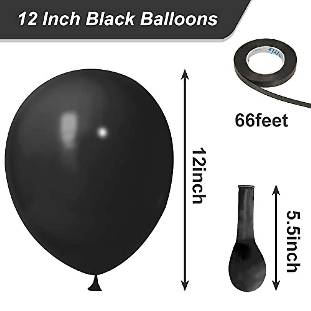 RUBFAC Black Balloons Latex Balloons 100pcs 12 Inch Helium Balloons for Birthday Graduation Baby Shower Wedding Holiday Party Decoration, Black Ribbon