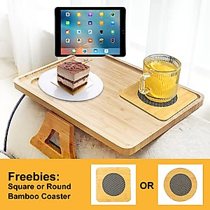 WARENOON X-Large Bamboo Couch Tray Table ,Armrest Table With Cup Holder, ,Phone Holder,Portable Table Sofa Armrest Clip Tray For Coffee,Drink Snacks, Remote Controllers, Food Trays for Eating On Couch