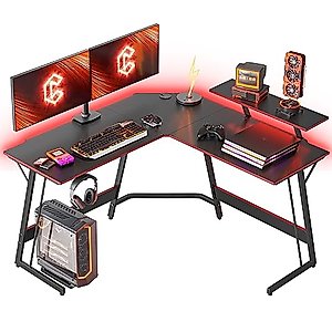 CubiCubi Flame Gaming Desk 50.4” with LED Strip & Monitor Stand, L Shaped Computer Desk Carbon Fiber Surface Gaming PC Table