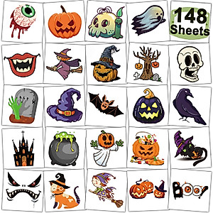 CHARLENT 148 Sheets Halloween Temporary Tattoos for Kids - Individual Halloween Pumpkin Skeletons Tattoos for Boys Girls Halloween Party Favors Treats Goodie Bag Fillers