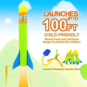 TOY Life Toy Rocket Launcher for Kids with 6 Foam Rockets Refills Air Rocket Launcher for Kids 3-5-7 Shoots Up to 100 Feet Outdoors Outside Toys Gifts for Boys 3 5 4 Year Old Boy Toys