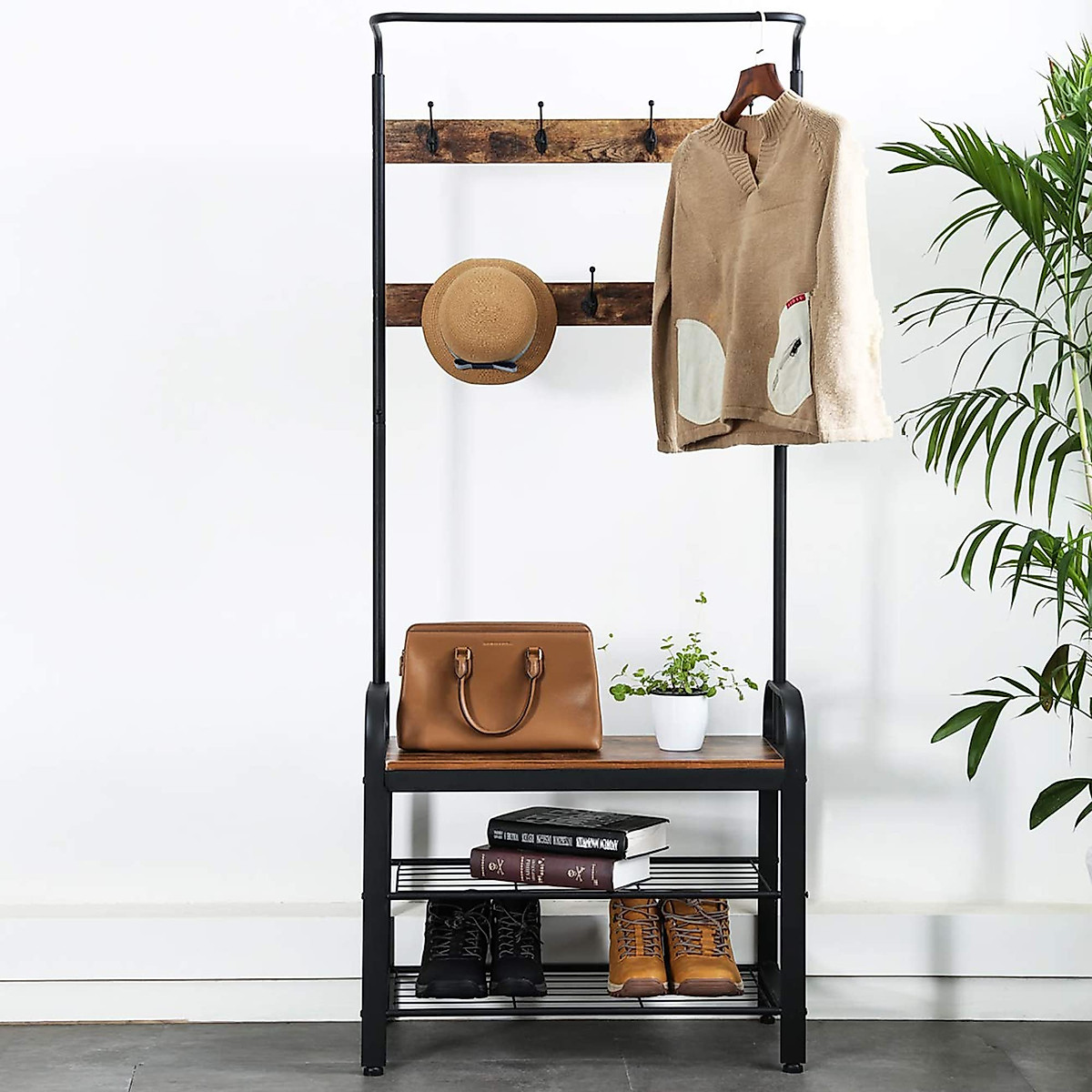 Sunnyglade Vintage Coat Rack Shoe Bench, Hall Tree Entryway Storage Shelf, Wood Look Accent Furniture Metal Frame, 3 in 1 Design, Easy Assembly