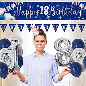 18th Birthday Decorations for Boys and Girls Blue, Happy 18th Birthday Backdrop Banner Balloons 18 Years Old Party Supplies with HAPPY BIRTHDAY Banner Silver 18 Birthday Decor 18th Bday Women Her Him
