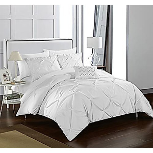Chic Home Daya Cover Set Ruffled Pinch Pleat Design Embellished Zipper Closure Bedding, King Duvet, White