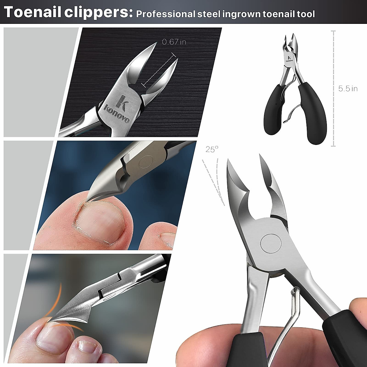 Toenail Clippers for Seniors Thick Toenails, Toe Nail Clippers Adult Thick Nails Long Handle, Heavy Duty Nail Clippers Kit 6Pcs Black
