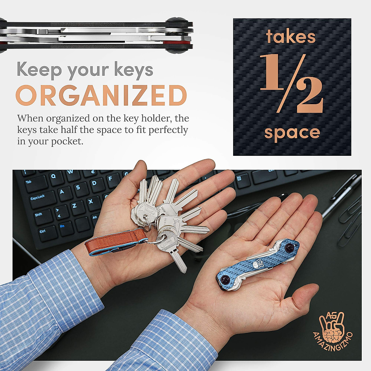 AmazinGizmo Folding Key Holder & Key Organizer Keychain - House & Car Compact Blue Slim Multi Key Chain with Pocket Clip & Carabiner - up to 12 Keys & More