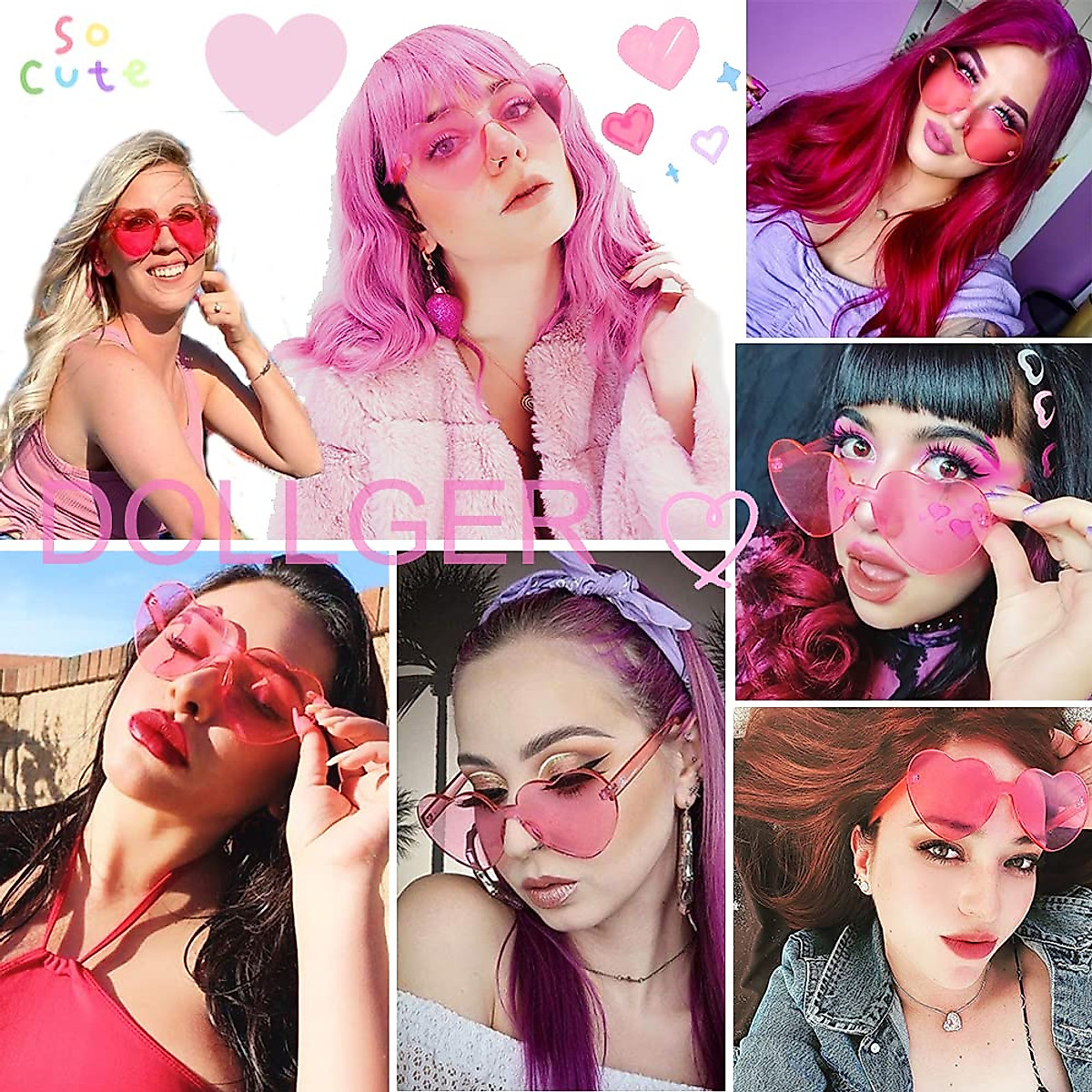 Dollger Heart Shape Sunglasses Bachelorette Party Sunglasses One Piece Transparent Rimless Candy Color Glasses Dark Pink