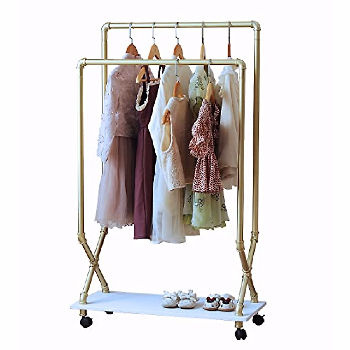 Child Clothes Rack, Kids Garment Rack Armoire Dress-up Closet, Rolling Pipe Open Clothing Rack with Wood Storage Shelf, Industrial Modern Kids Wardrobe Costume Organizer Center with 2 Hanging Rods