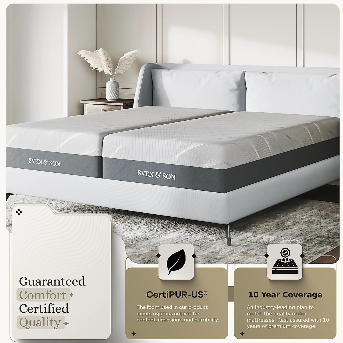Sven & Son Luxury Hybrid Spring Mattress, Premium Materials, CertiPUR-US, Made in The USA, 14 inch Medium Soft - Split King