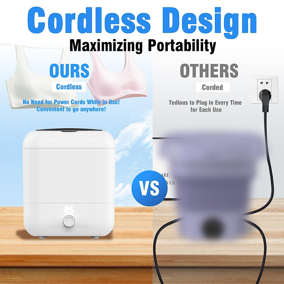Portable Washing Machine, Rechargeable Cordless Mini Washing Machine with 2000mAh, Charge 1 Time and Up to Use 10 Times, 5L Portable Washer Machine for Baby Clothing, Underwear, Camping, RV Travel