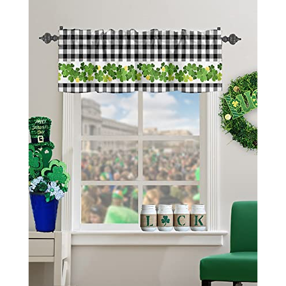 Curtain Valance for Windows St. Patrick's Day Clover Gold Kitchen Valances Rod Pocket Short Curtains,White Black Checker Plaid Window Treatment Panel for Living Room Bathroom Bedroom 60x18in