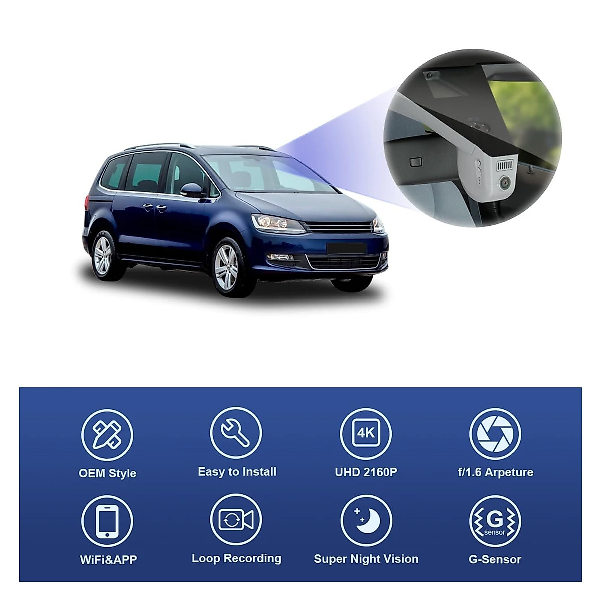 Fitcamx Car Camera Dash Cam 4K Auto DVR,Dash cam Compatible with VW Sharan 7N 2016 2017 2018 2019 2020 2021 (Color : Black, Size : 2K Dual Cam 64GB)